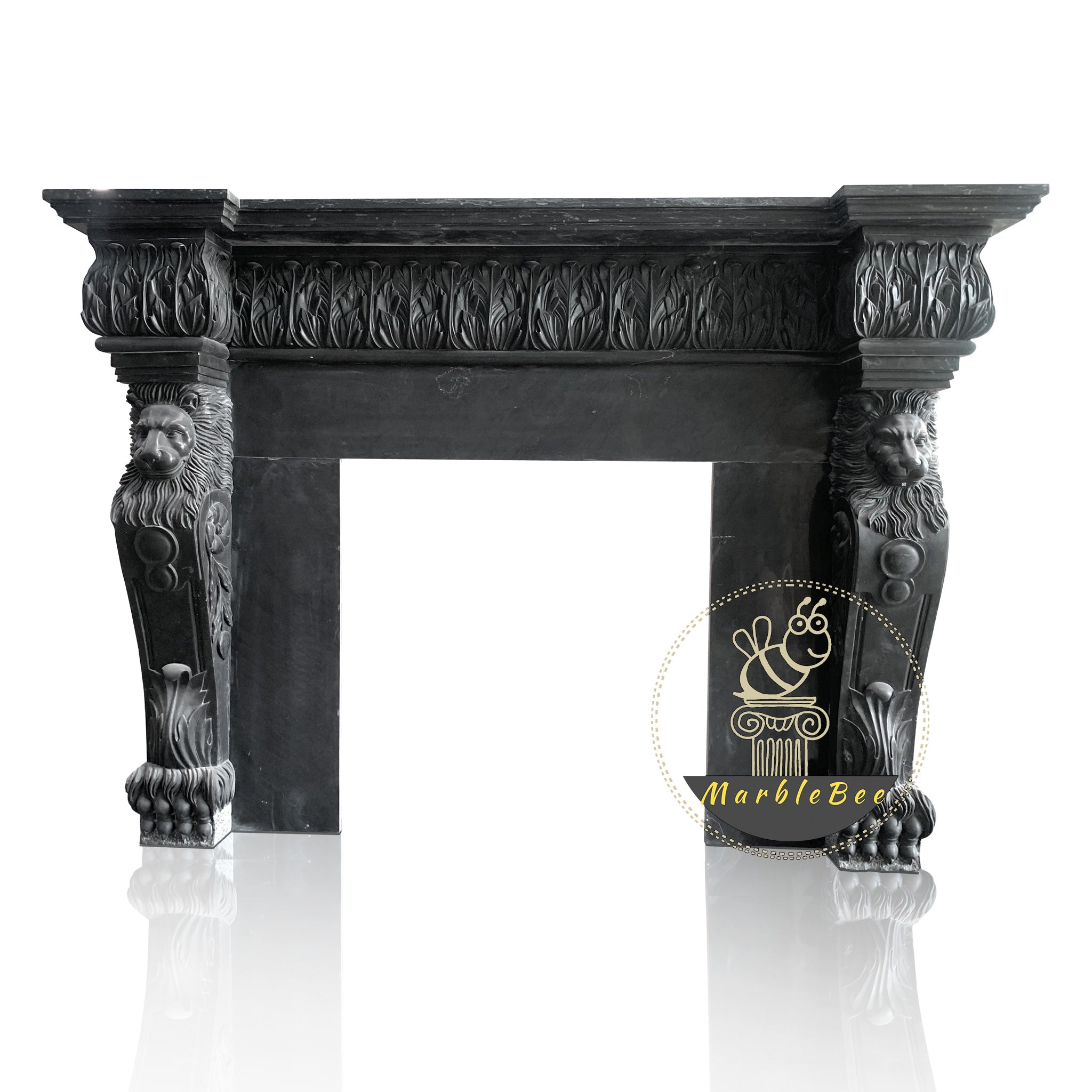 Antique black stone fireplace mantel with lion head carving for a maje